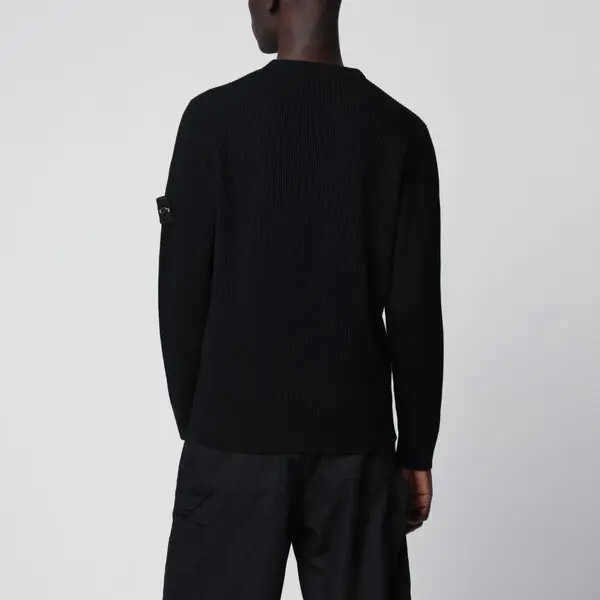 Stone Island Ribbed Virgin Wool Crewneck Sweater - Black
