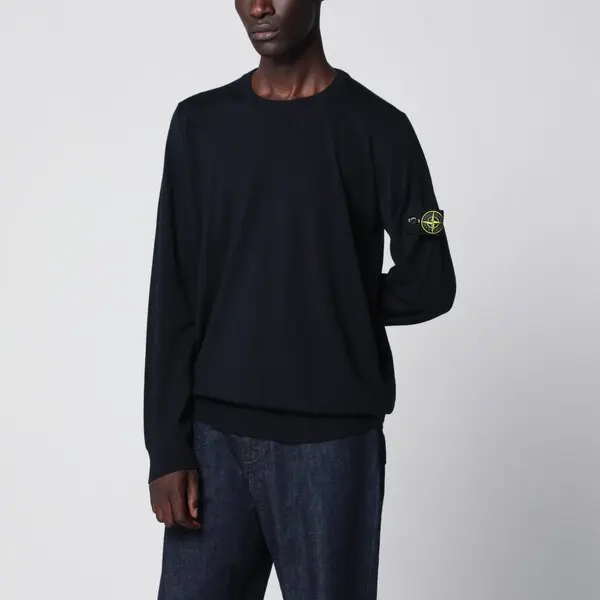 Stone Island Navy Wool Crewneck Sweater - Blue