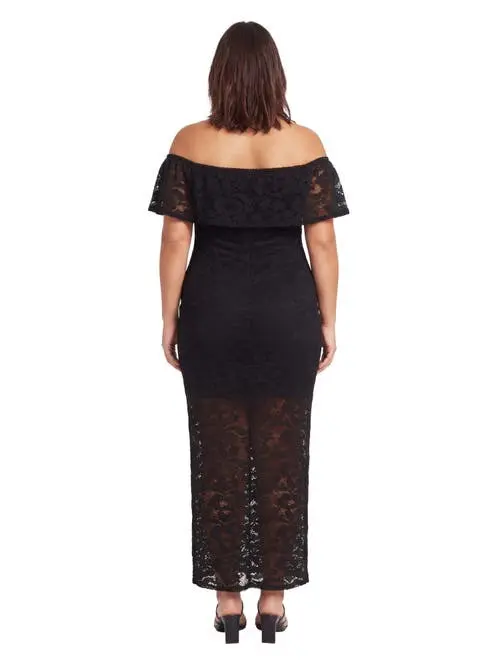 24SEVEN COMFORT APPAREL Lace Off-the-shoulder Maxi Dress With Side Slit - Black
