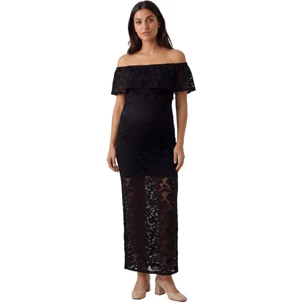 24SEVEN COMFORT APPAREL Maternity Off The Shoulder Lace Body-con Maxi Dress - Black