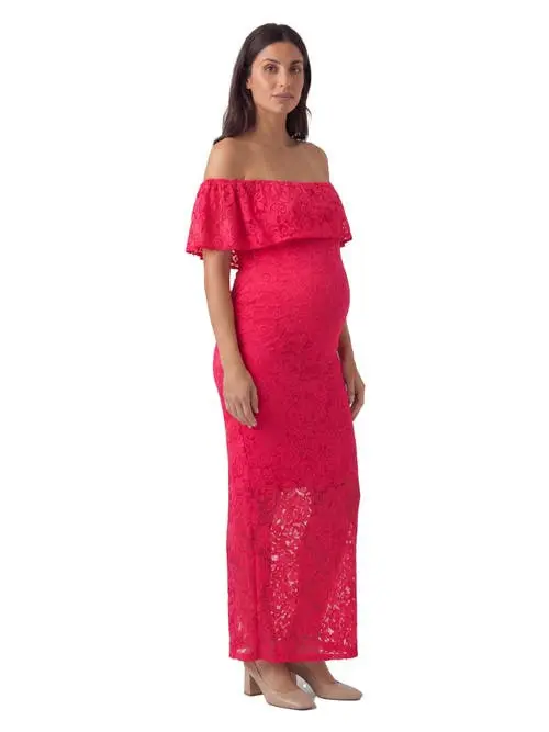 24SEVEN COMFORT APPAREL Maternity Off The Shoulder Lace Body-con Maxi Dress - Fuchsia