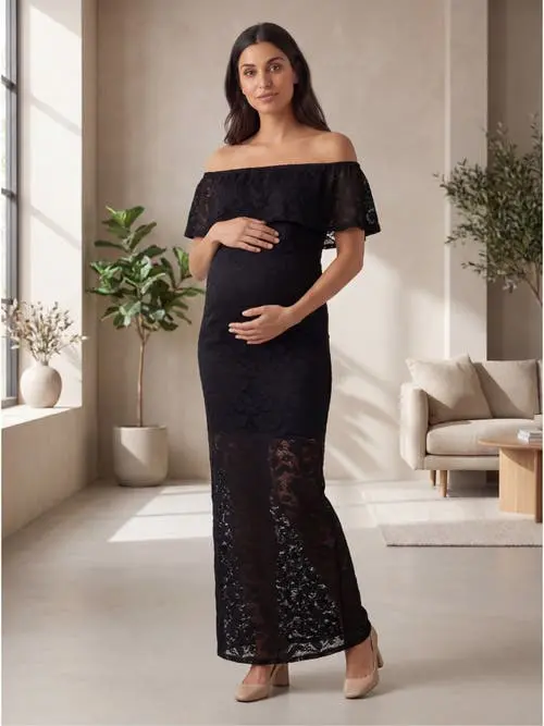 24SEVEN COMFORT APPAREL Maternity Off The Shoulder Lace Body-con Maxi Dress - Fuchsia