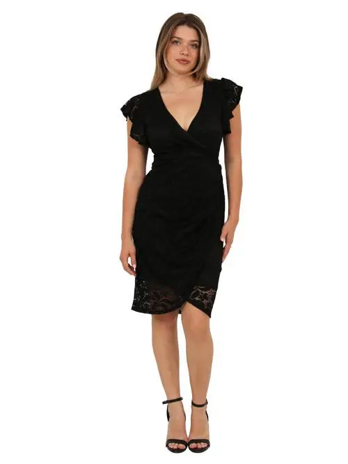 24SEVEN COMFORT APPAREL Lace Flutter Sleeve Faux Wrap Midi Dress - Black