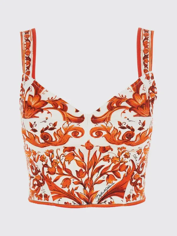 Dolce & Gabbana Majolica Print Silk Cropped Corset Top - Orange