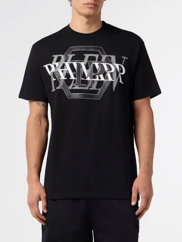 Philipp Plein Crew Neck Cotton Jersey T-shirt With Monogram Logo Print - Black