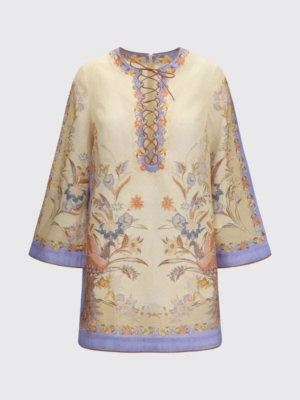 Zimmermann Indra Floral Print Linen Tunic With Long Sleeves - Beige