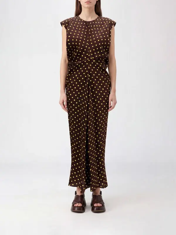 Marni Polka-dot Silk-blend Midi Tunic With Padded Shoulders And Tie Closure - Brown