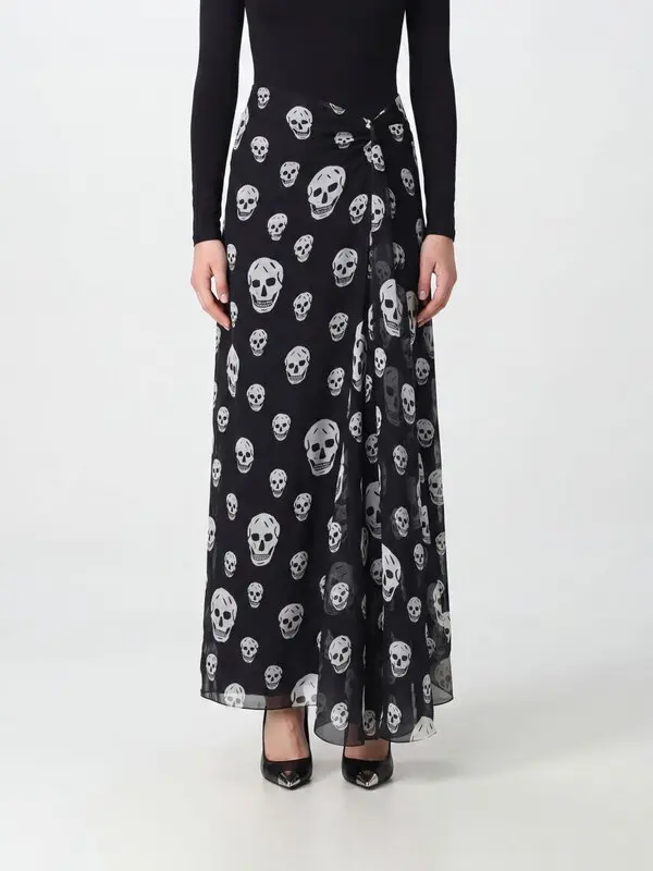 Alexander McQueen Asymmetrical Draped Skull Print Silk Maxi Skirt - Black