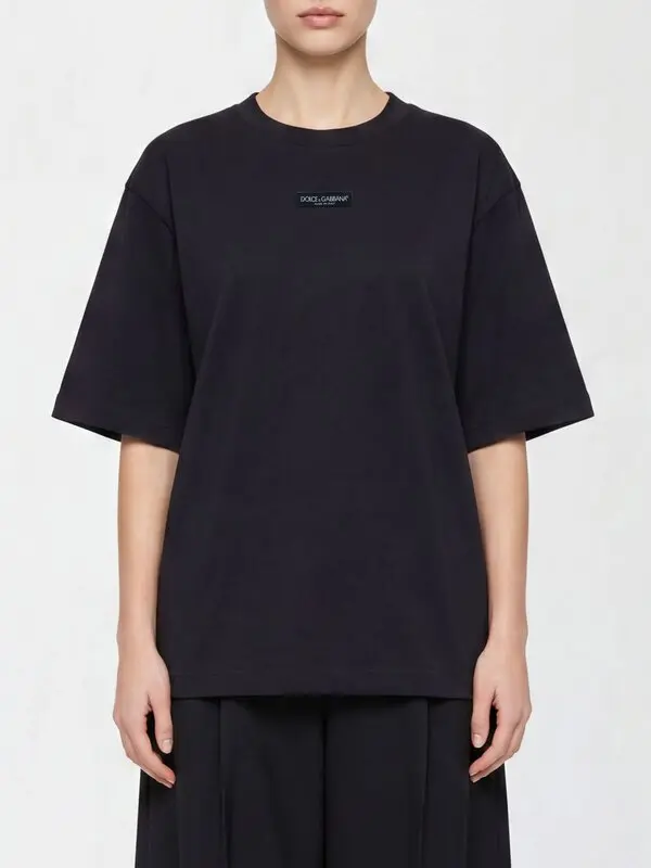 Dolce & Gabbana Cotton Crewneck T-shirt With Contrast Logo And Dropped Shoulders - Black
