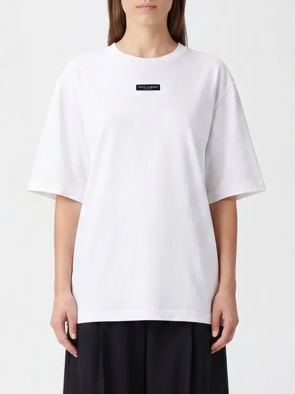 Dolce & Gabbana Cotton Crewneck T-shirt With Contrast Logo And Dropped Shoulders - White