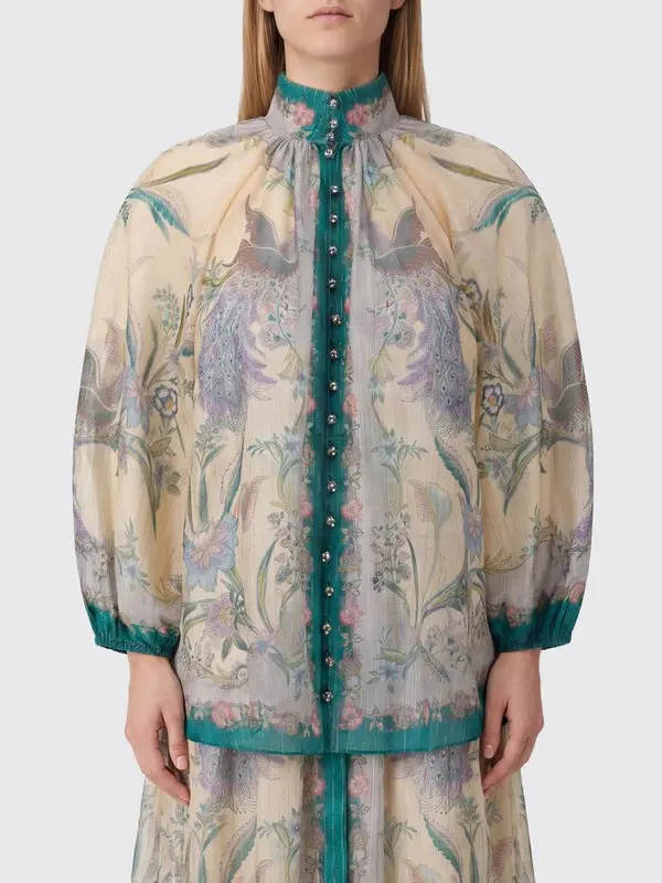 Zimmermann Balloon Sleeve High Neck Printed Shirt - Cream