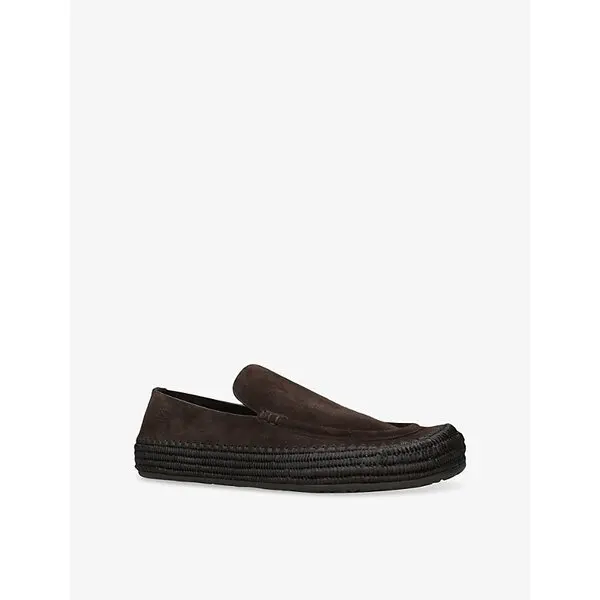 Loewe Suede And Raffia Slip-on Loafers - Dark Brown
