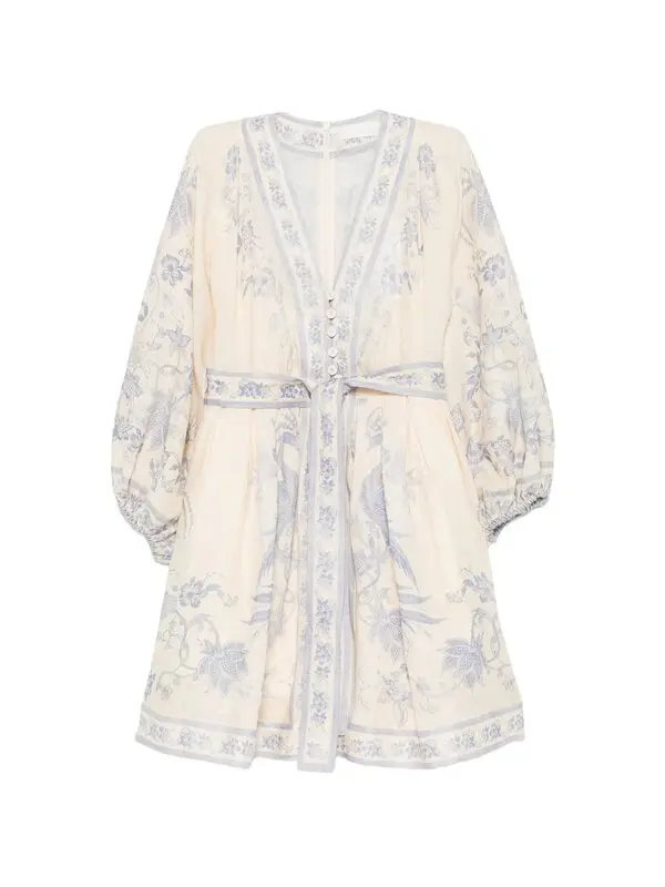 Zimmermann V-neck Linen Mini Dress With Button-down Front And Removable Belt - Bianco