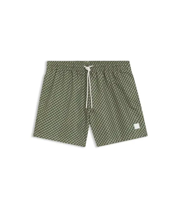 BOSS Micro-pattern Swim Trunks With Logo Badge - Khaki