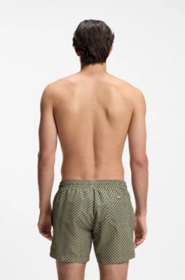 BOSS Micro-pattern Swim Trunks With Logo Badge - Khaki