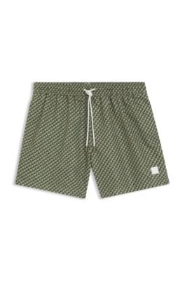 BOSS Micro-pattern Swim Trunks With Logo Badge - Khaki