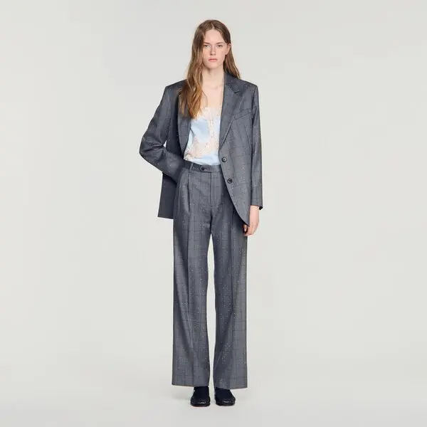 Sandro Rhinestone Check Wool Wide-leg Trousers