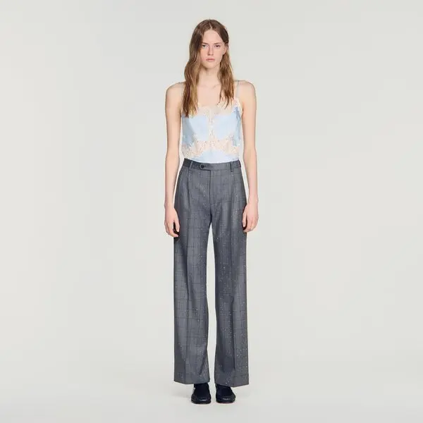 Sandro Rhinestone Check Wool Wide-leg Trousers