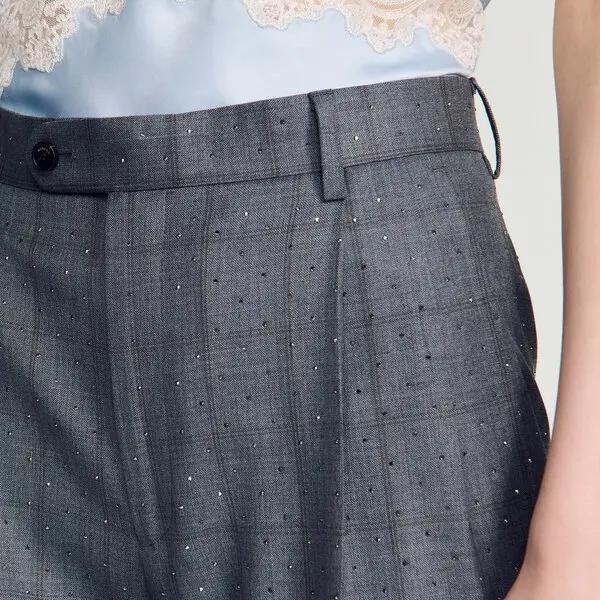 Sandro Rhinestone Check Wool Wide-leg Trousers