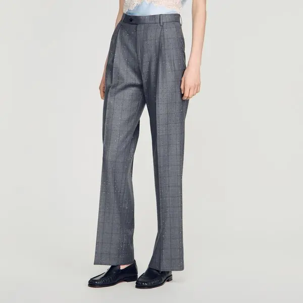 Sandro Rhinestone Check Wool Wide-leg Trousers