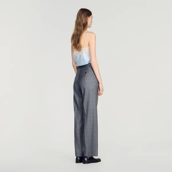 Sandro Rhinestone Check Wool Wide-leg Trousers