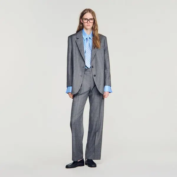Sandro Checked Wool Jacket With Rhinestones