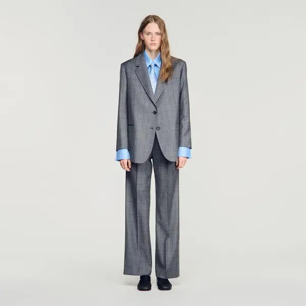 Sandro Checked Wool Jacket With Rhinestones