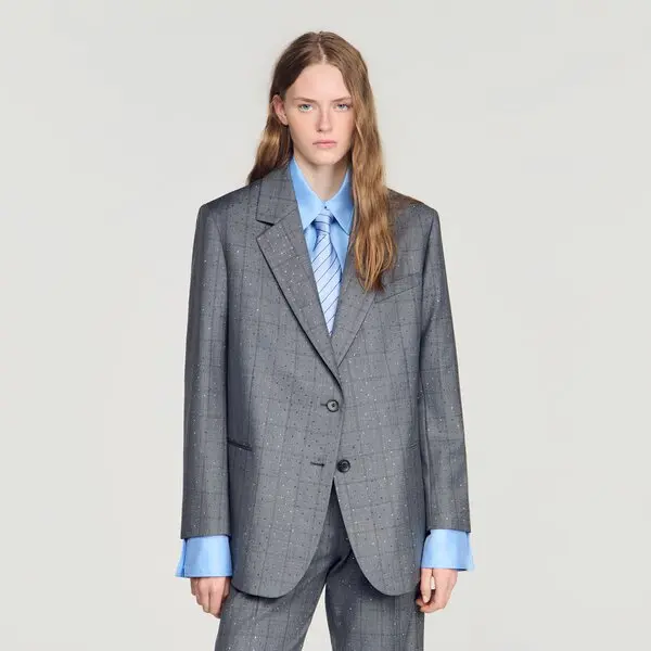 Sandro Checked Wool Jacket With Rhinestones