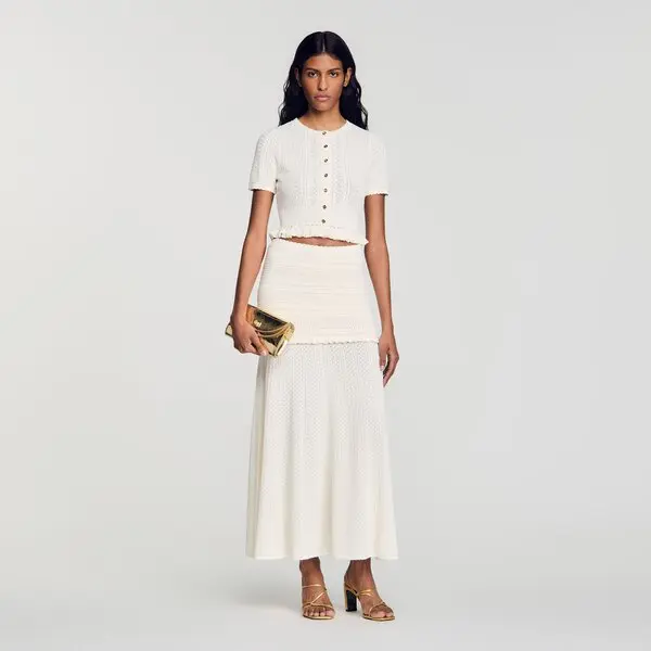 Sandro Pointelle Knit Cropped Top - Ecru