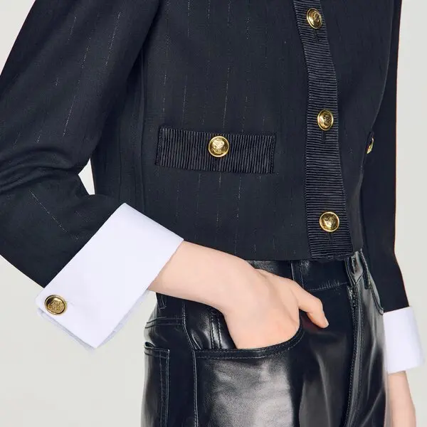 Sandro Cropped Striped Wool Jacket With Removable Cuffs