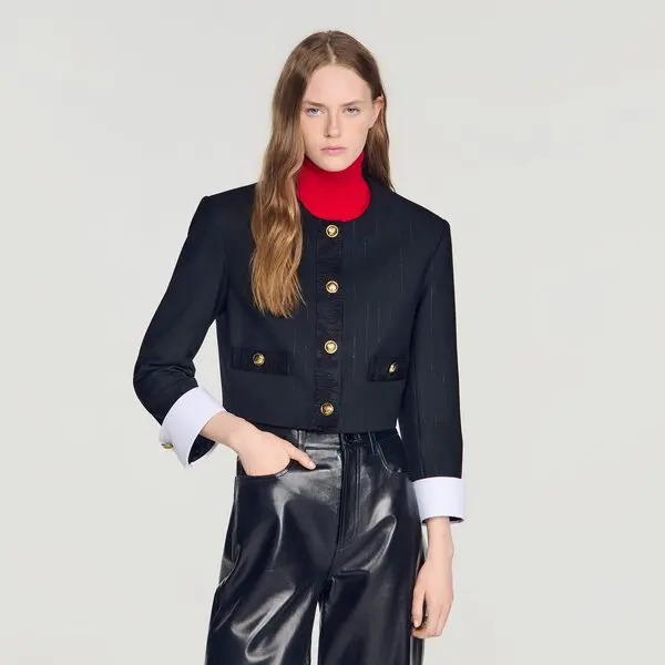 Sandro Cropped Striped Wool Jacket With Removable Cuffs