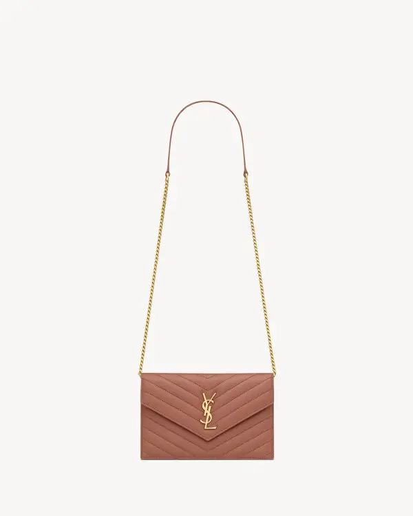 Saint Laurent Cassandre Envelope Chain Wallet In Lambskin - Barely Pink