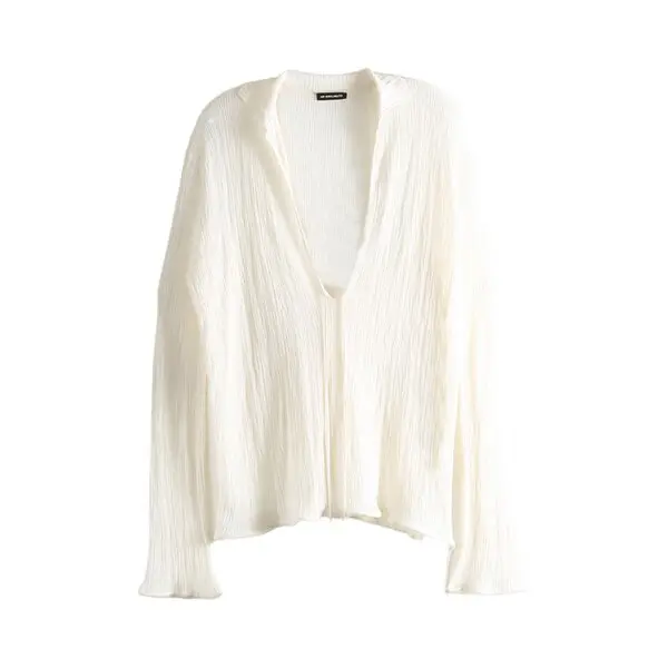 ANN DEMEULEMEESTER Drawstring Eke Creponette Rib Deep V-neck Sweater 'natural - White