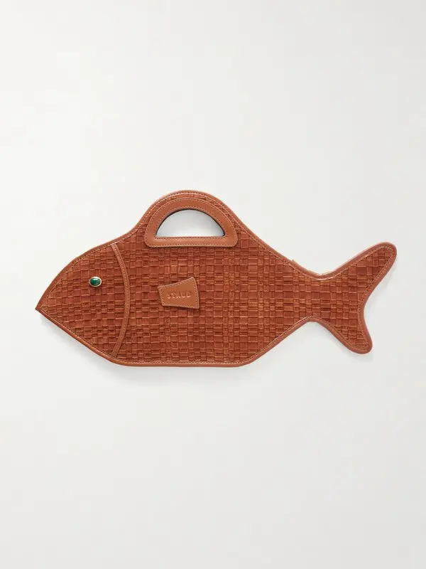 Staud Cleo Logo-debossed Leather-trimmed Woven Suede Tote - Brown