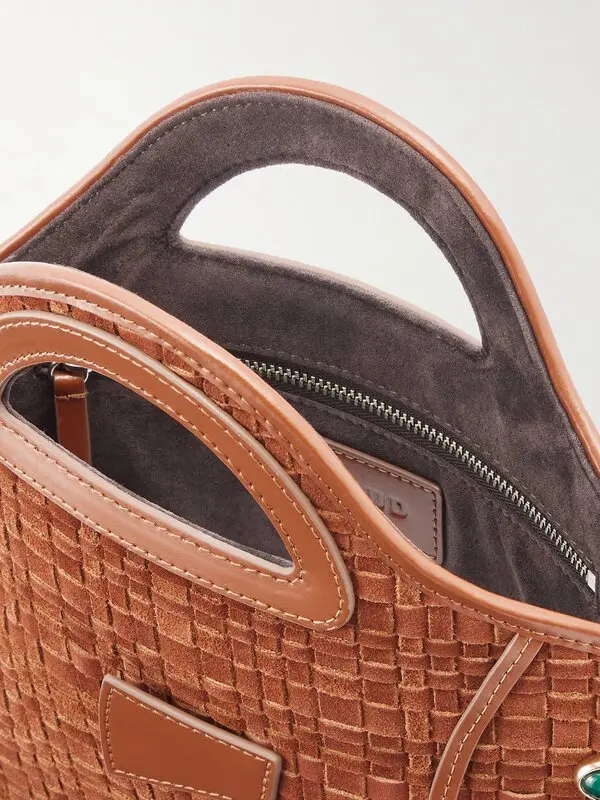 Staud Cleo Logo-debossed Leather-trimmed Woven Suede Tote - Brown