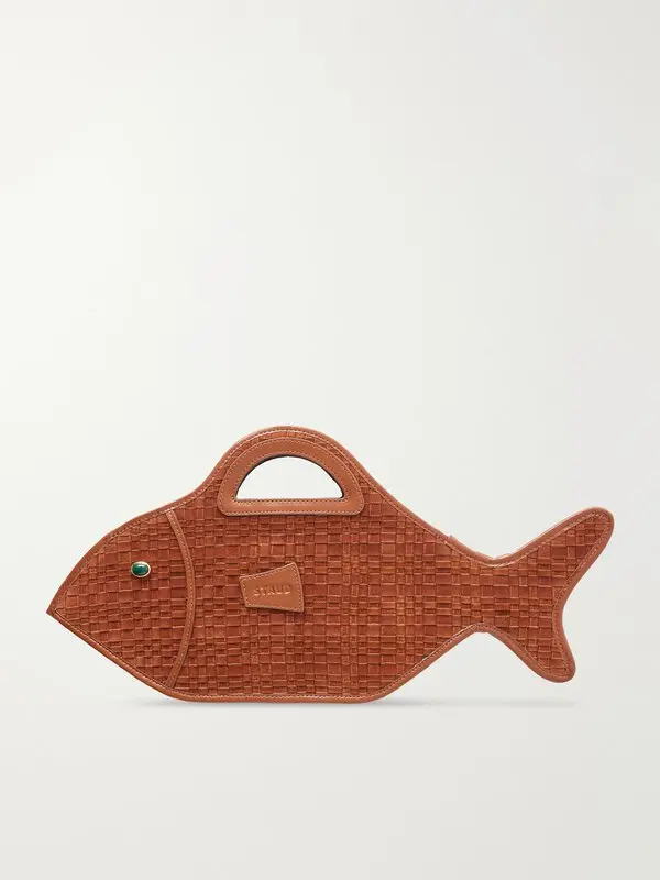 Staud Cleo Logo-debossed Leather-trimmed Woven Suede Tote - Brown