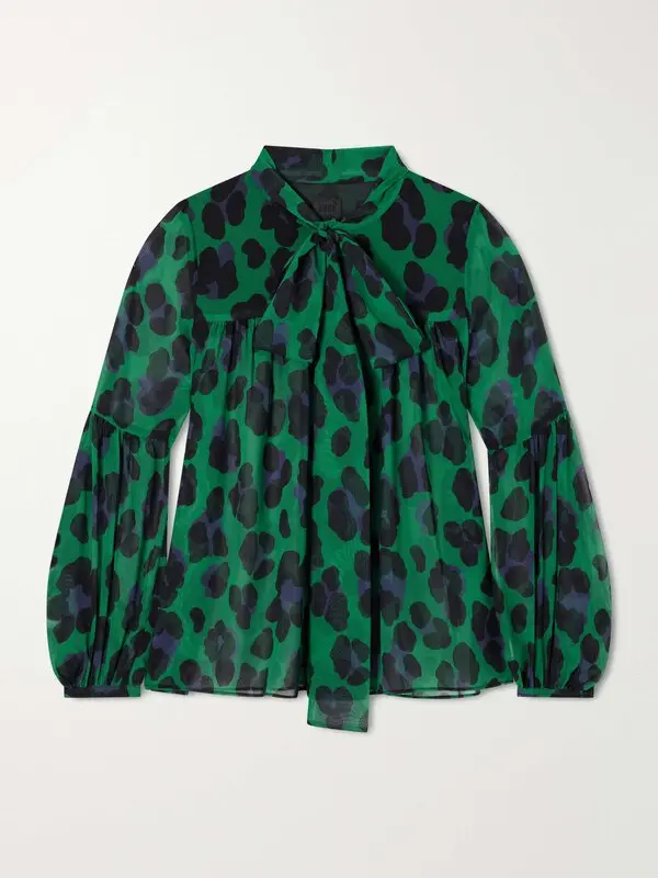 Anna Sui Knotted Gathered Leopard-print Georgette Blouse - Emerald