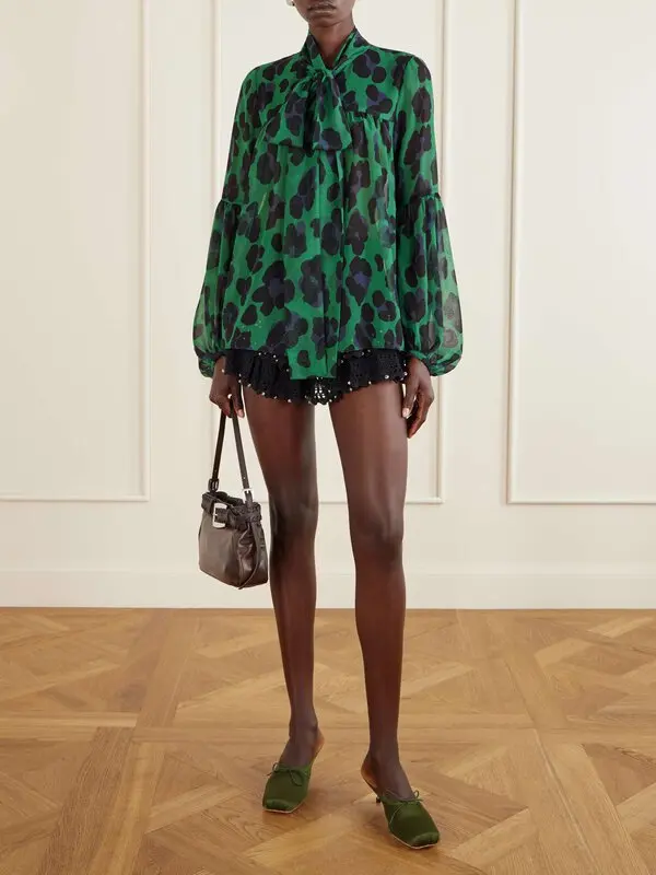 Anna Sui Leopard-print Georgette Blouse With Gathered Detail - Emerald