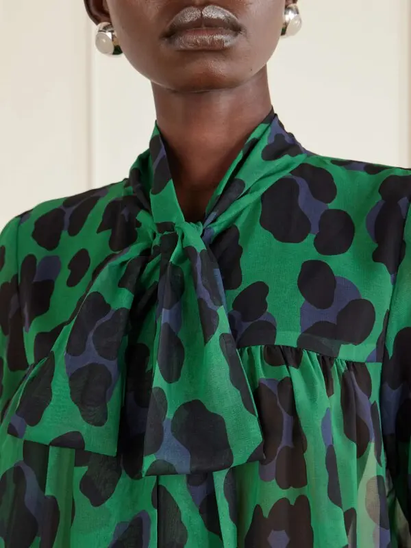 Anna Sui Leopard-print Georgette Blouse With Gathered Detail - Emerald