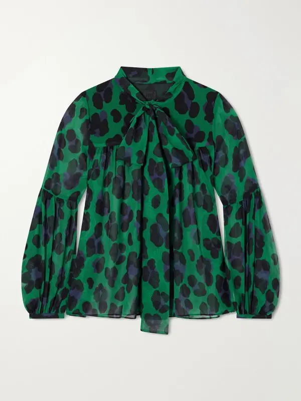 Anna Sui Knotted Gathered Leopard-print Georgette Blouse
