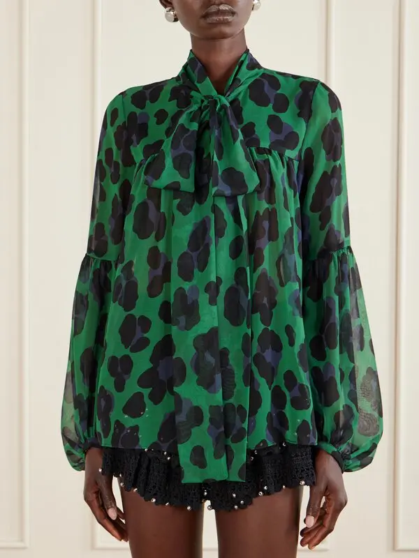 Anna Sui Knotted Gathered Leopard-print Georgette Blouse - Emerald