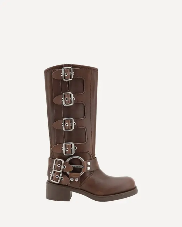 Miu Miu Leather Buckled Mid Calf Boots - Brown