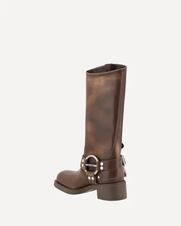 Miu Miu Leather Buckled Mid Calf Boots - Brown