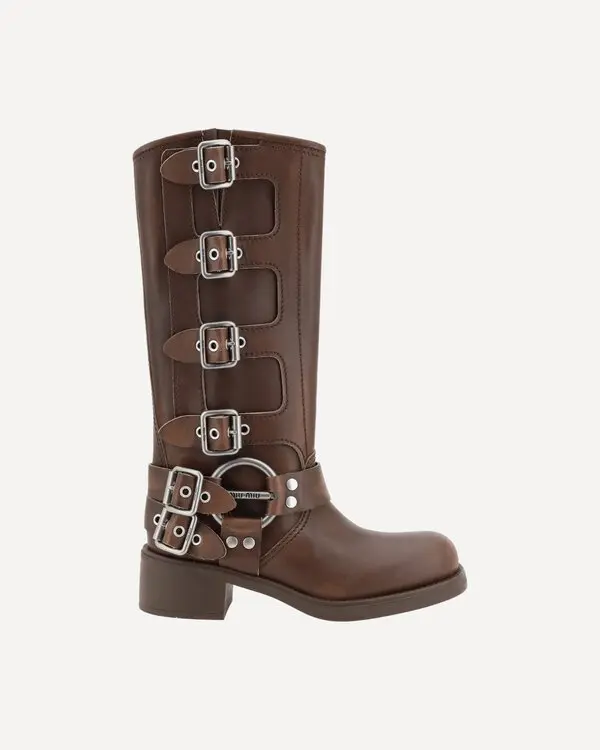 Miu Miu Leather Buckled Mid Calf Boots - Brown