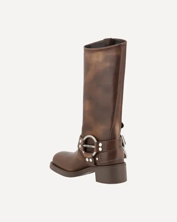 Miu Miu Leather Buckled Mid Calf Boots - Brown