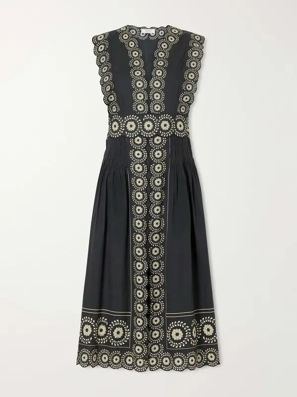 Sea Mirabel Scalloped Embroidered Cotton-voile Midi Dress - Black