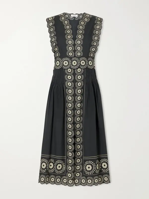 Sea Mirabel Scalloped Embroidered Cotton Midi Dress - Black