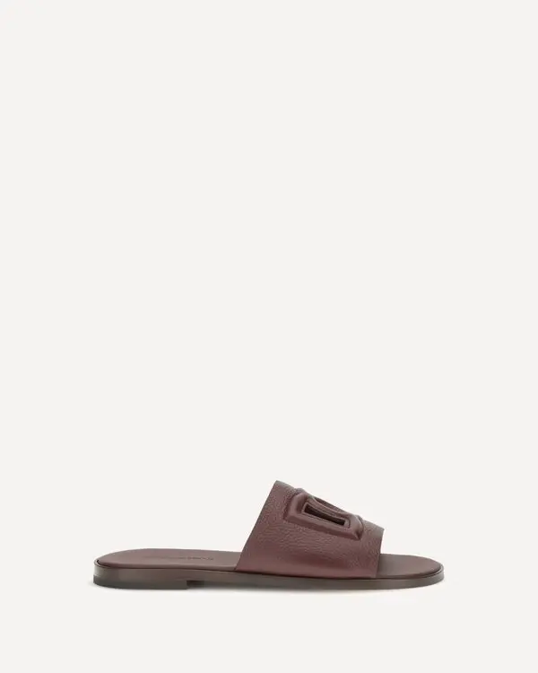 Dolce & Gabbana Grained Leather Cut-out Logo Slides - Brown