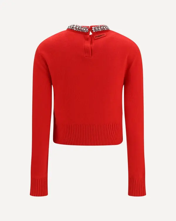 Pinko Berlino Wool Sweater With Embellished Neckline - Red