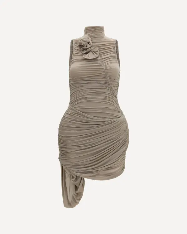 Magda Butrym Draped High-neck Floral Appliqué Mini Dress - Beige